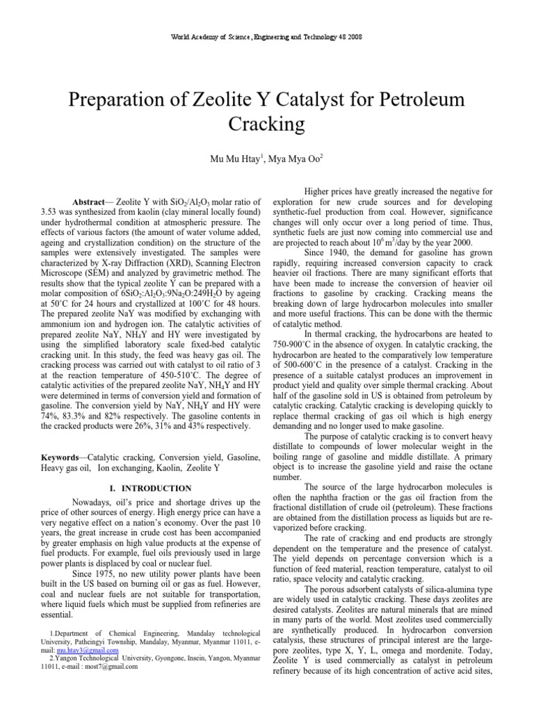 Zeolite Y Catalyst for Petroleum Cracking | PDF | Cracking (Chemistry ...