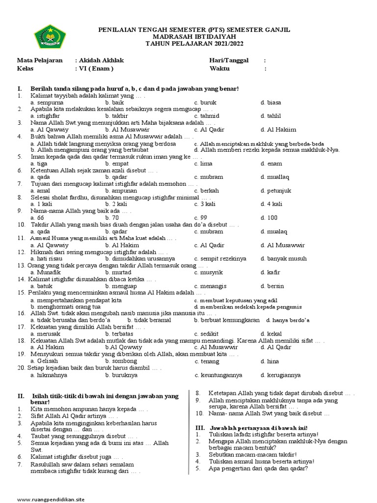 Soal PTS Aqidah KLS 6 SMT 1 | PDF | Agama & Spiritualitas
