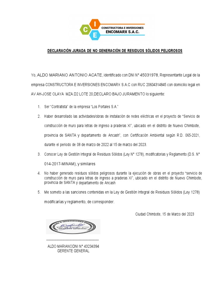 Declaración Jurada de No Generación de Residuos Sólidos Peligrosos | PDF