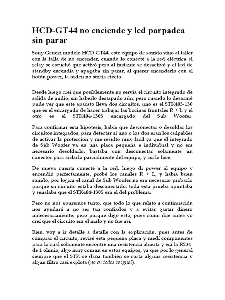 HCD-GT44 No Enciende y Led Parpadea Sin Parar | PDF | Transistor | Resistor