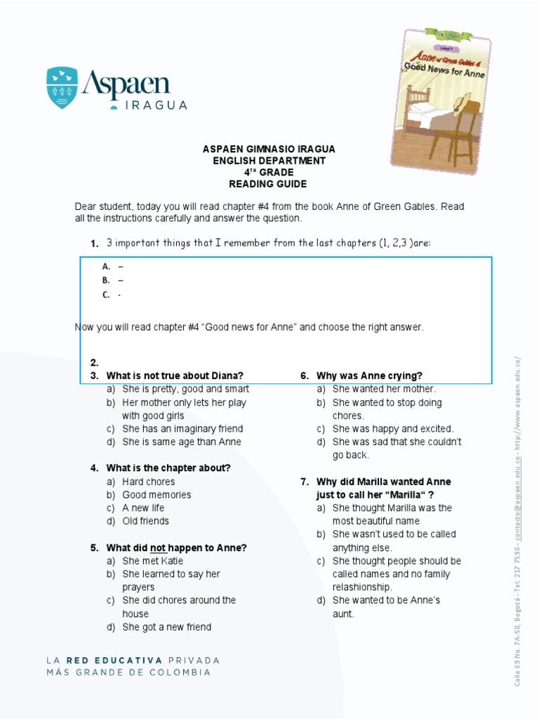 4th Grade Reading Guide: Anne of Green Gables | PDF