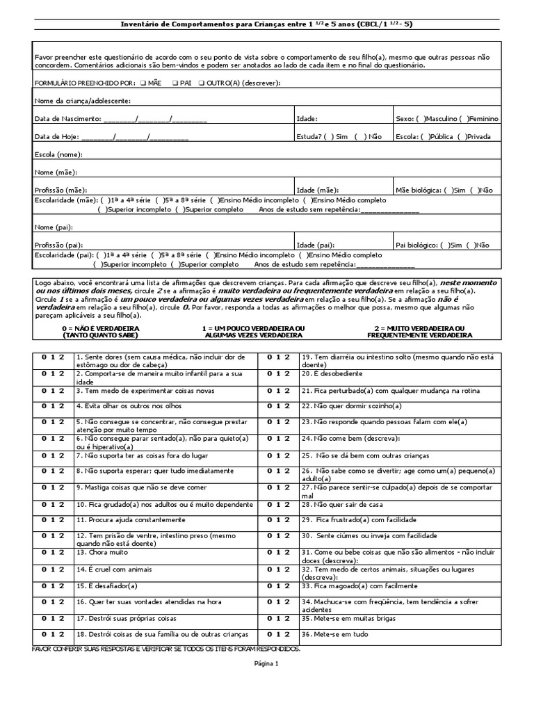 cbcl 1-5 e SNAP 2018 | PDF | Dor | Adolescência
