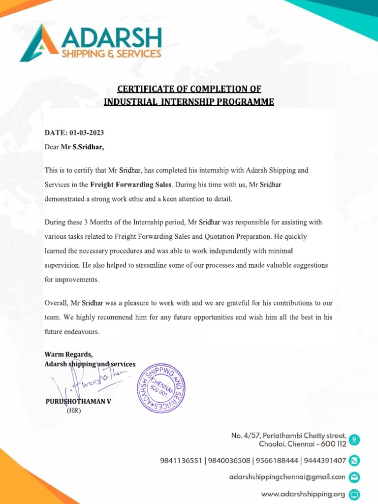 Sridhar Intern Completion Letter | PDF