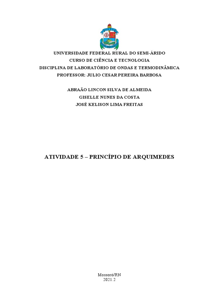 Pratica 05 - Principio de Arquimedes | Download grátis PDF | Flutuabilidade | Engenharia Mecânica