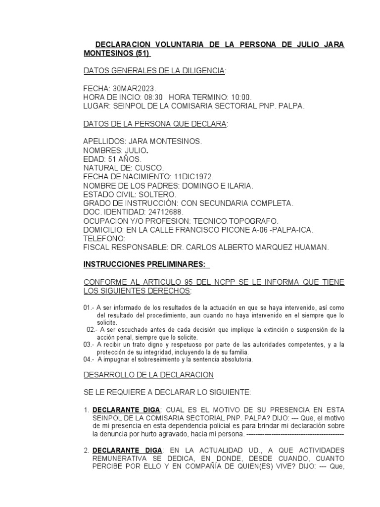 Declaración de Julio Jara por Hurto | PDF | Negocios | Hogar ...