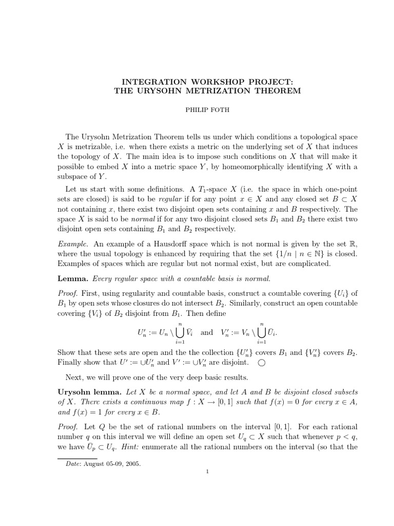 Urysohn Metrization Theorem Guide | PDF | General Topology | Topology