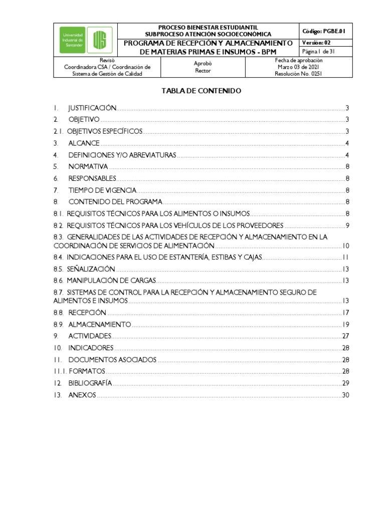 Programa de Recepcion y Almacenamiento de Materias Primas e Insumos | PDF | Alimentos ...