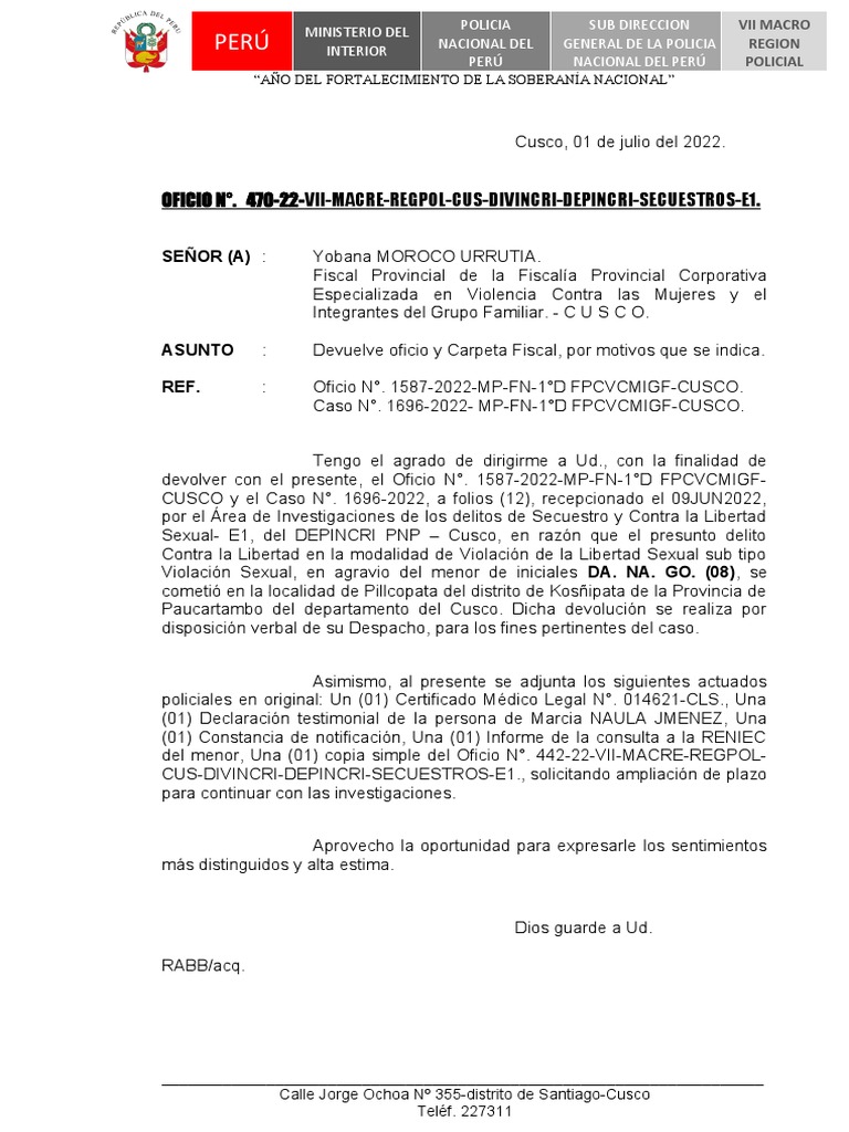 OFICIO N°. 470-22-Vii-Macre-Regpol-Cus-Divincri-Depincri-Secuestros-E1 ...