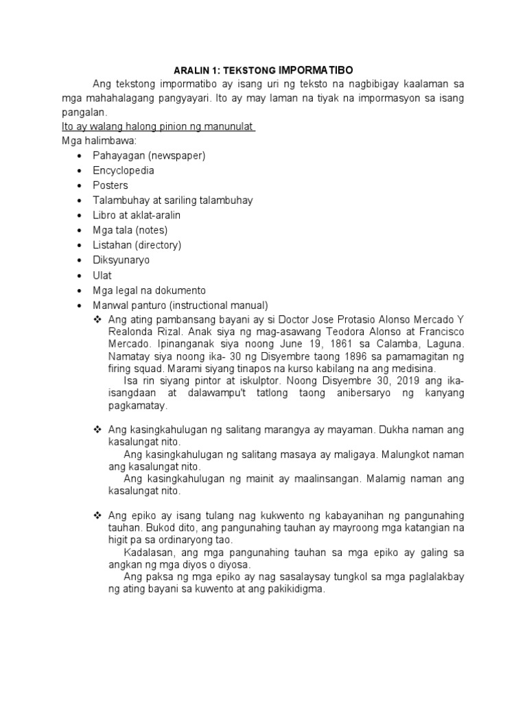 Aralin 1: Tekstong: Impormatibo | PDF