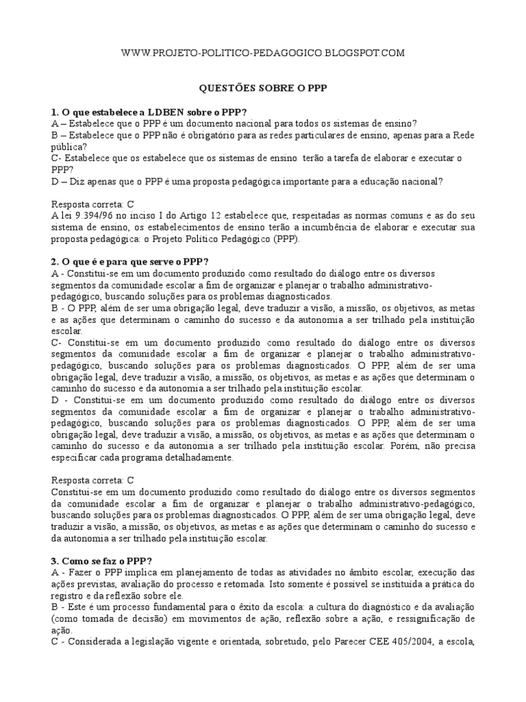 Questões Sobre PPP Com Respostas | PDF | Pedagogia | Escolas