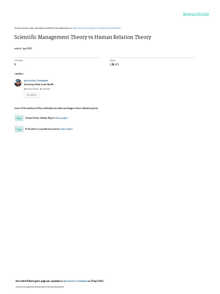 Scientific Management Theory Vs Human Relation Theory: April 2017 | PDF ...