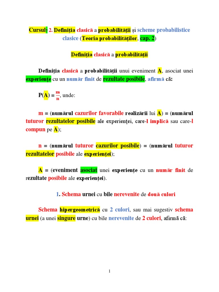 Cursul 7, Cap. 2 Scheme Probabilistice Clasice (2 Scheme) | PDF