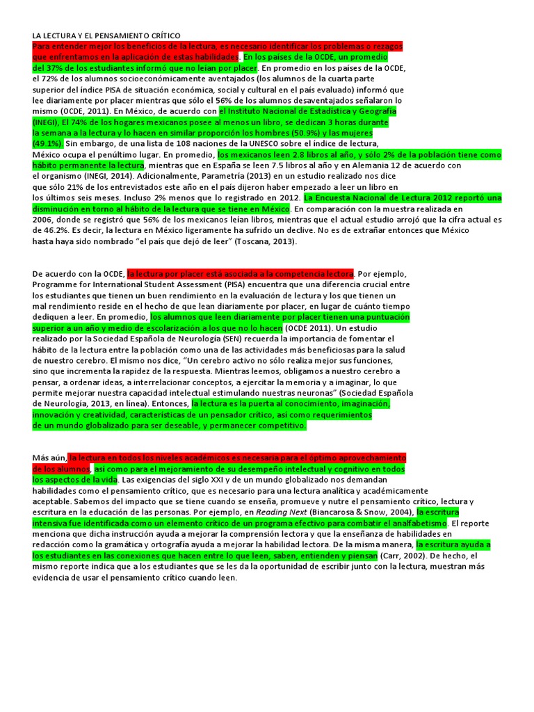 La Lectura y El Pensamiento Crítico Subrayado | PDF | México | Ciencia ...
