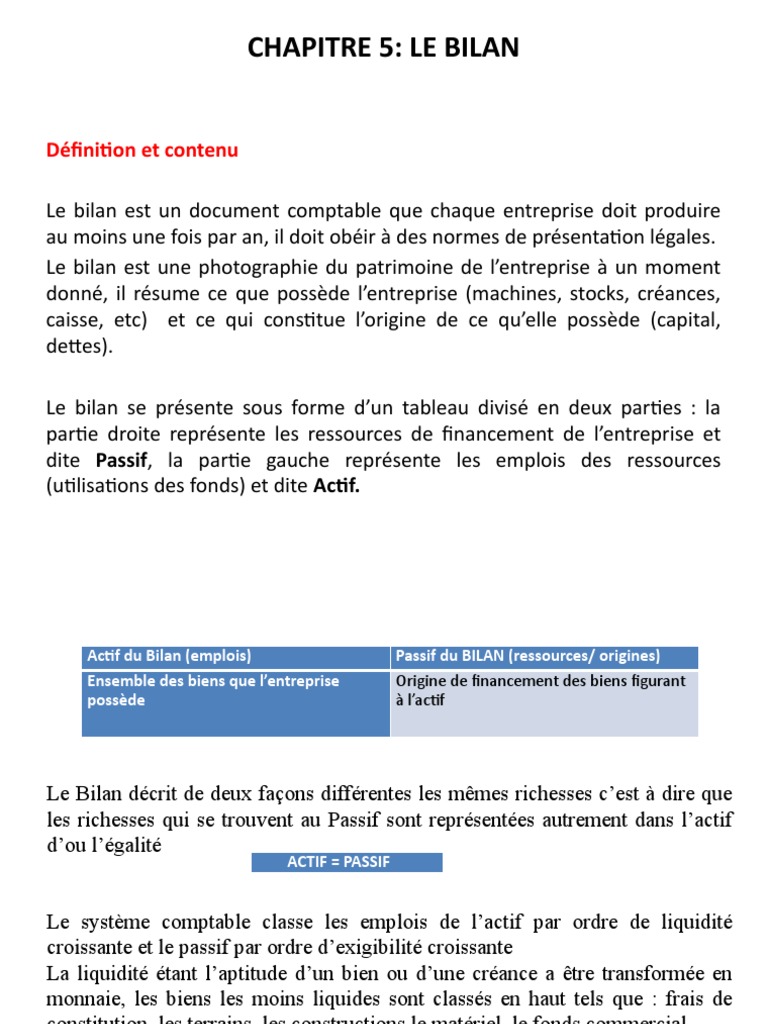Chapitre 5: Le Bilan: Définition Et Contenu | PDF | Bilan comptable ...