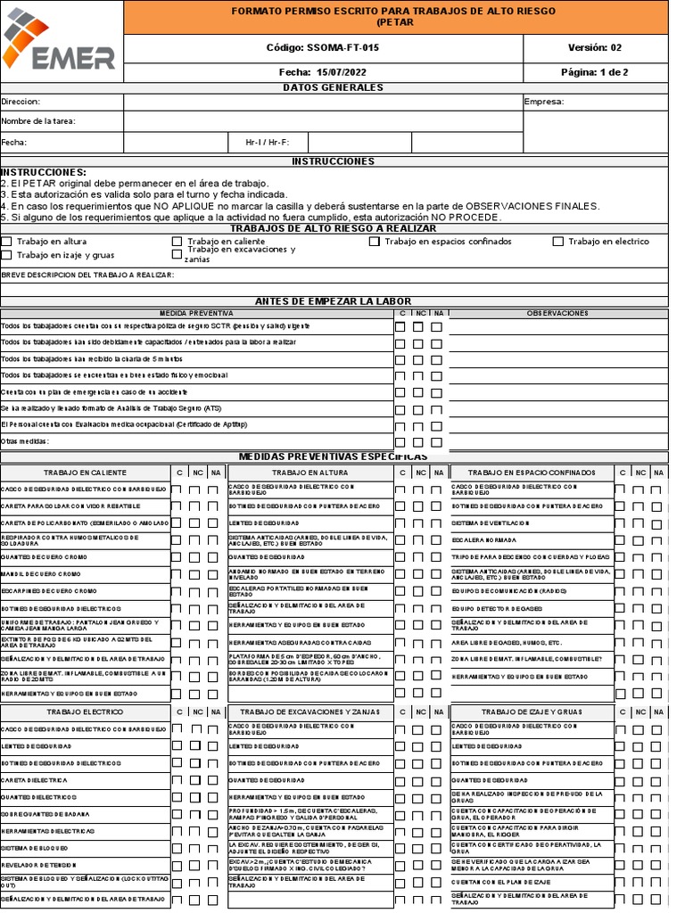 SSOMA-FT-015 - Formato de Permiso Escrito para Trabajos de Alto Riesgo para Proyectos | PDF ...
