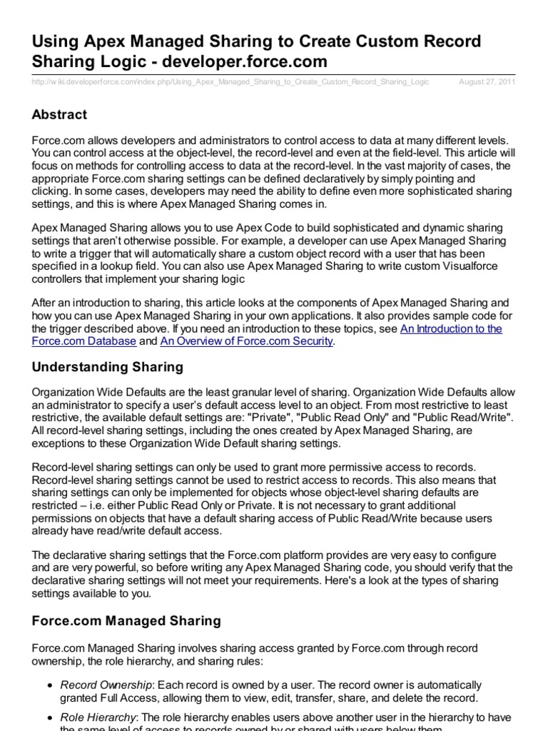 Using Apex Managed Sharing To Create Custom Record Sharing Logic Developer Force Com Pdf