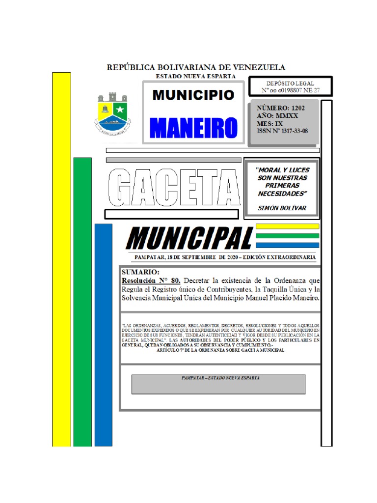 GACETA #1202ordenanza Sobre Registro, Taquilla y Solvencia Unica ...