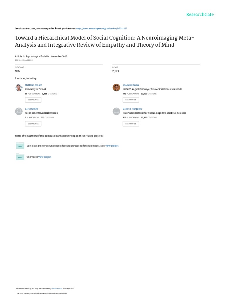 Toward A Hierarchical Model of Social Cognition A NeuAnalysis and Integrative Review of Empathy ...
