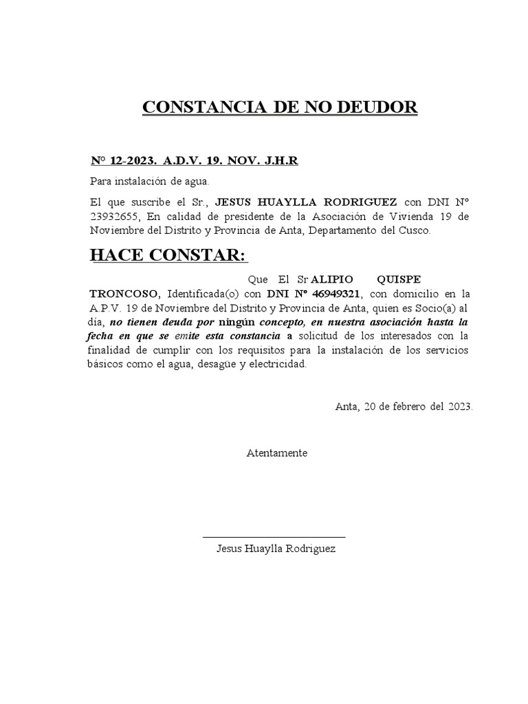 Constancia de No Deudor para Servicios Básicos | PDF | Viajes y turismo ...