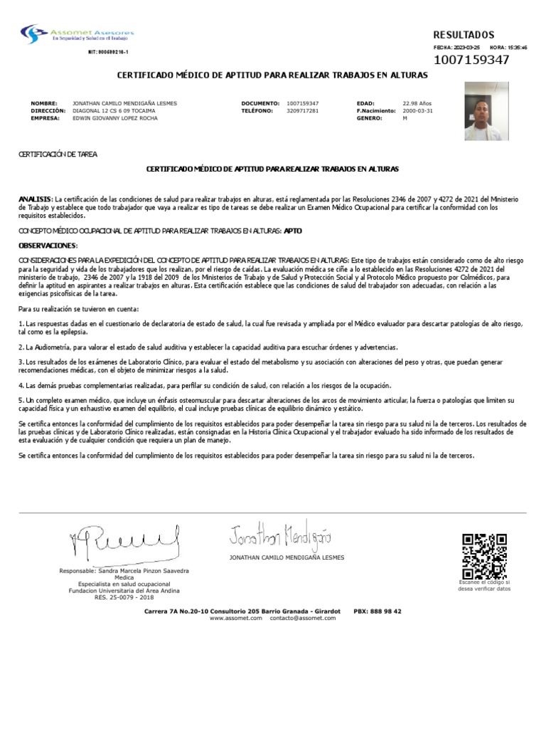 Resultados JONATHAN CAMILO MENDIGAÑA LESMES - CERTIFICADO MÉDICO DE APTITUD PARA REALIZAR ...