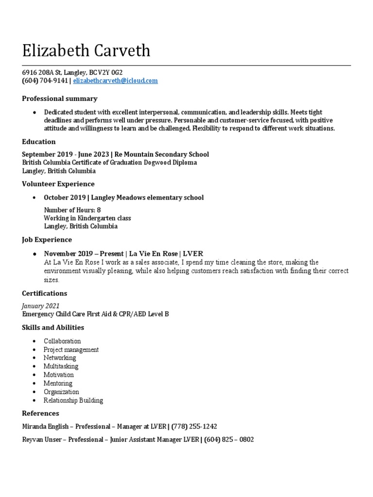 Elizabeth Carveths Resume 2023 | PDF