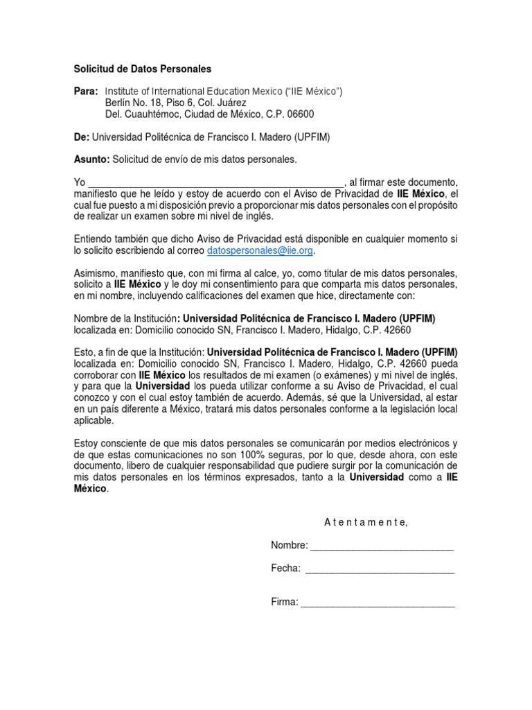 Solicitud de Datos Personales | PDF