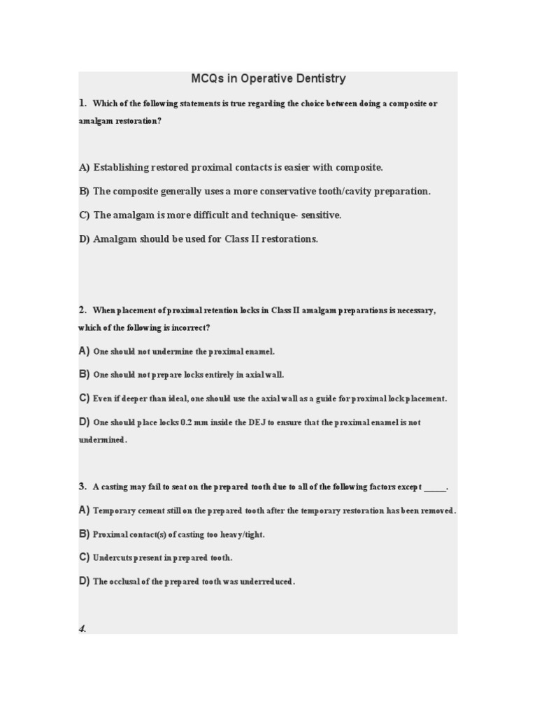Mcqs in Operative Dentistry | PDF | Dental Anatomy | Dentistry Branches