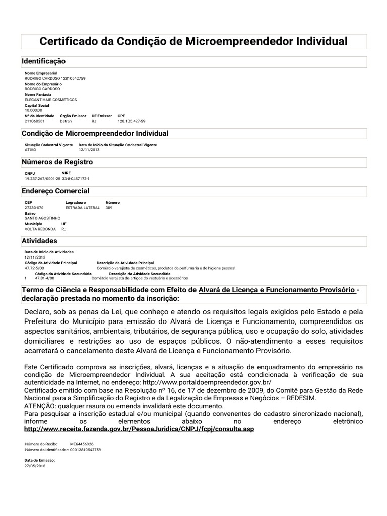 Certificado Da Condicao de Microempreendedor Individual - Impressão | PDF