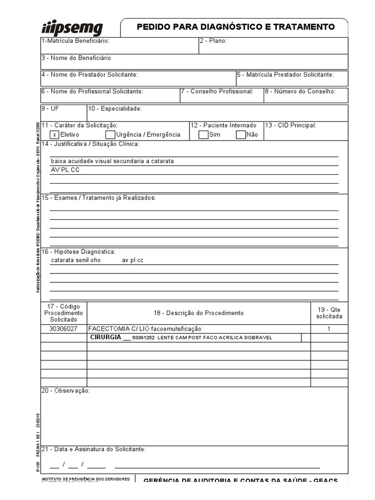 Pedido para Diagnóstico E Tratamento: Cirurgia | PDF | Medicina Clínica | Especialidades médicas