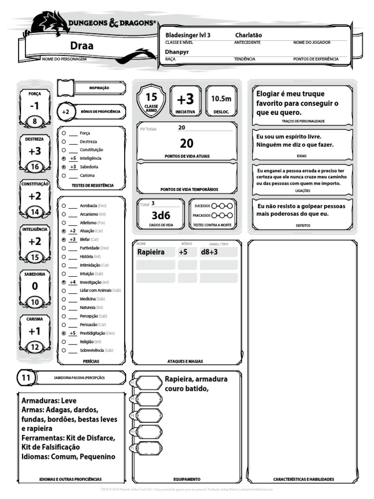 Bladesinger LVL 3 Charlatão: Dhanpyr | PDF