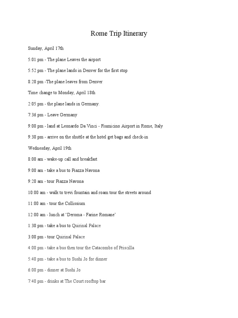 Rome Trip Itinerary | PDF | Rome | Meal