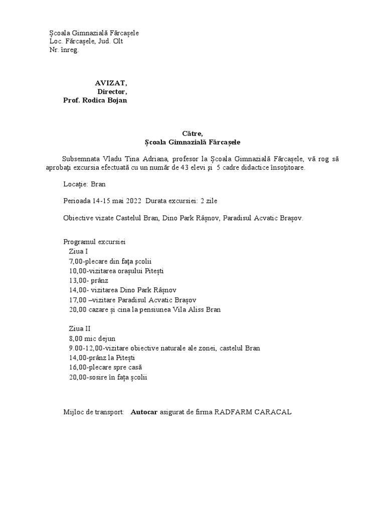 PLAN EXCURSIE Bran | PDF