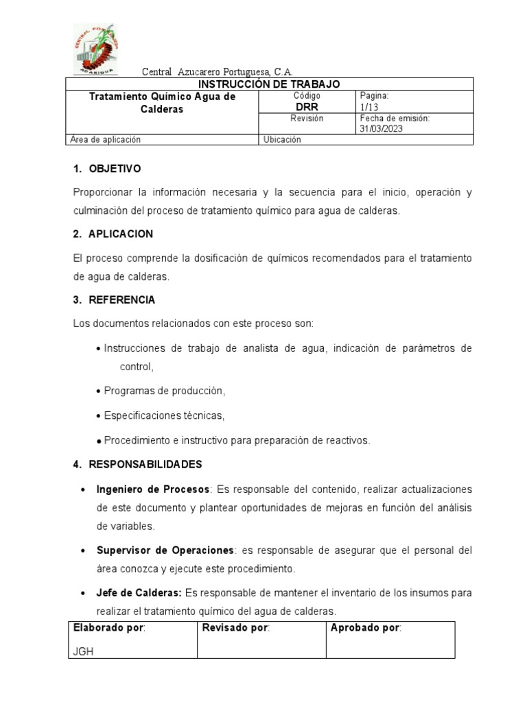 Instrucción de Trabajo Tratamiento Químico | PDF | Agua | Calcio