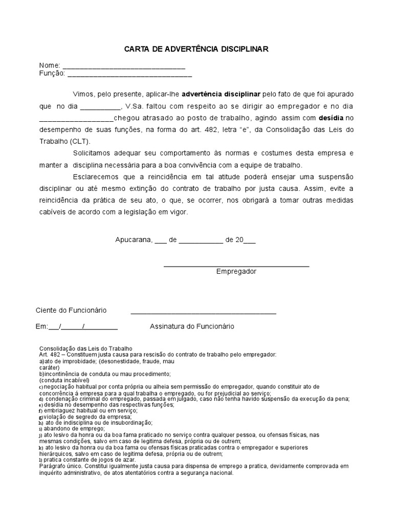 Carta de Advertência Disciplinar Modelo | PDF | Justiça | Crime e Violência