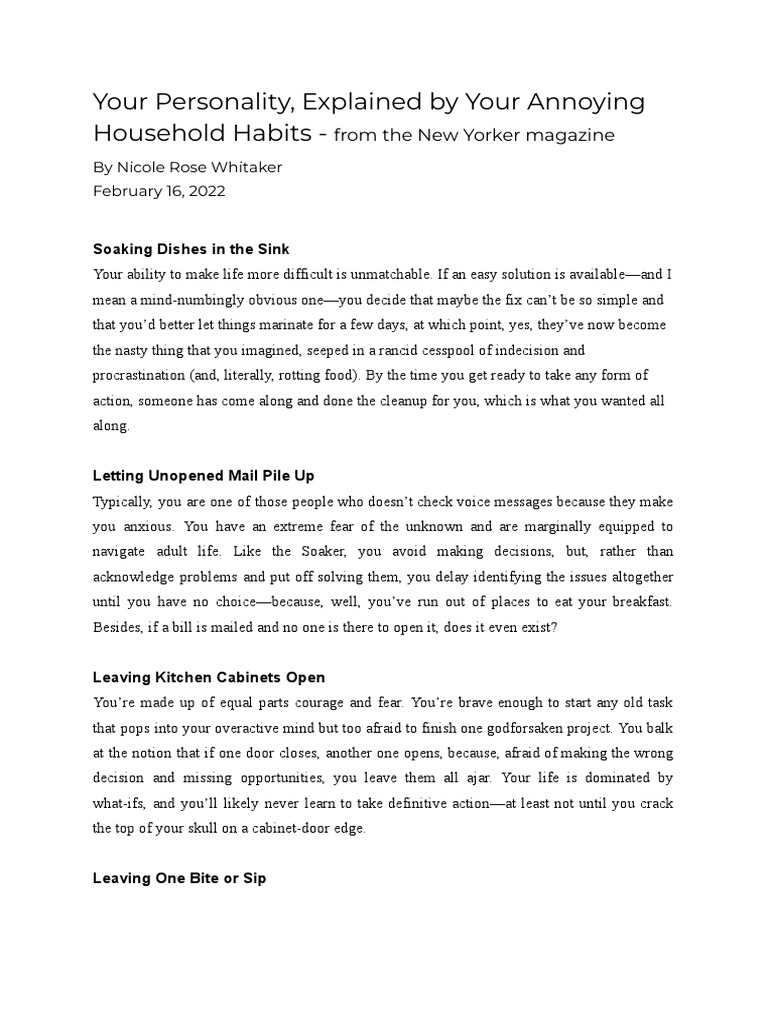 Your Personality, Explained by Your Annoying Household Habits | PDF