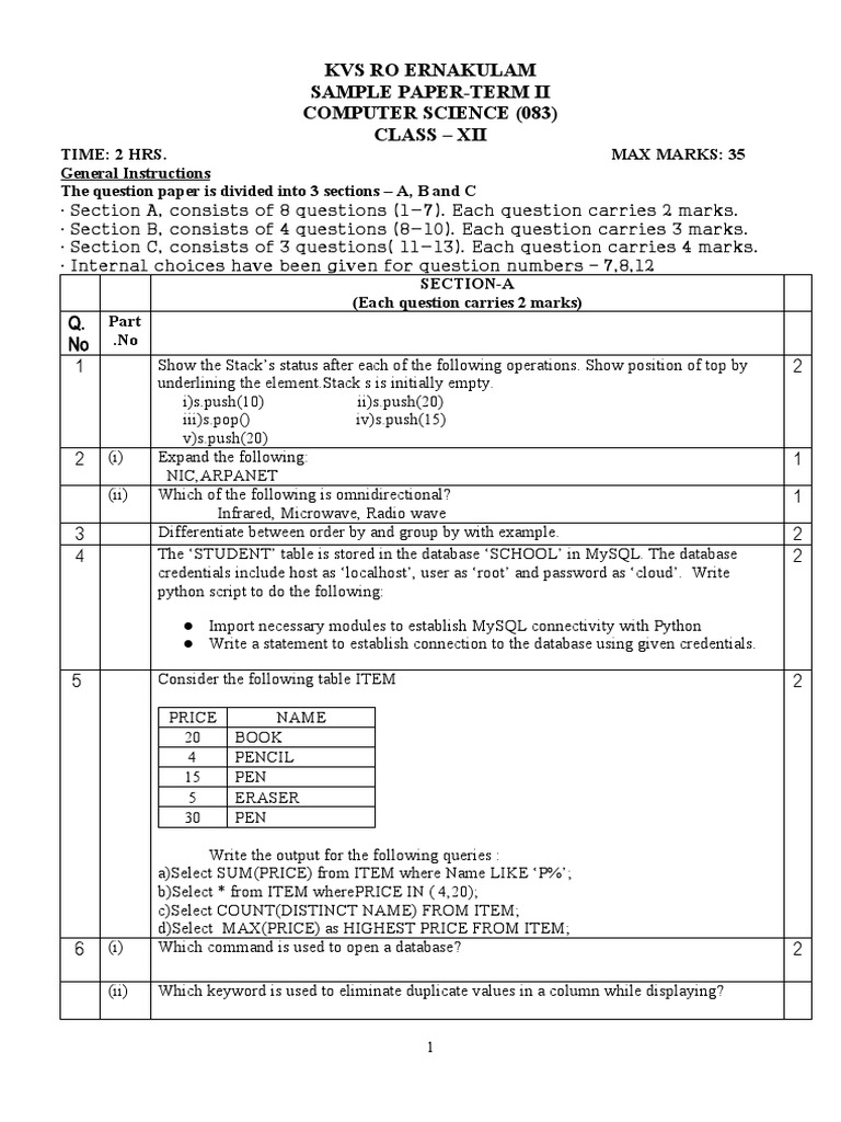 SQP - Term 2 - Set 2 - C S - XII | PDF | Telegraphy | Table (Database)