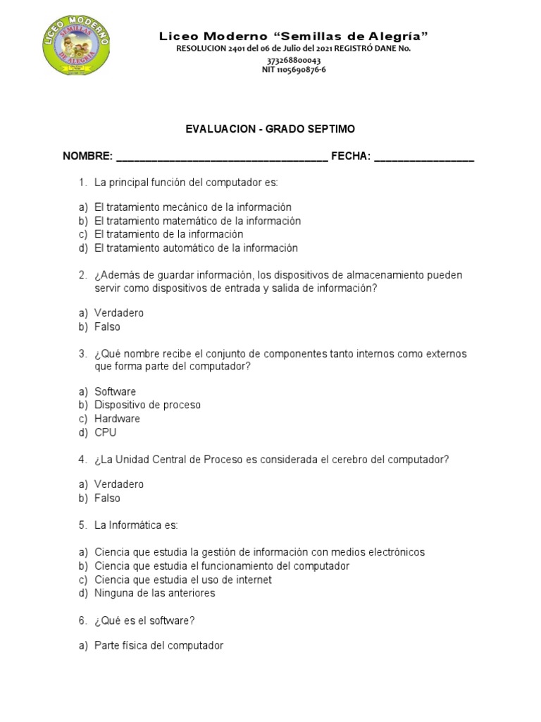 Evaluacion Grado Septimo | PDF | Hardware de la computadora | Ingeniería Informática