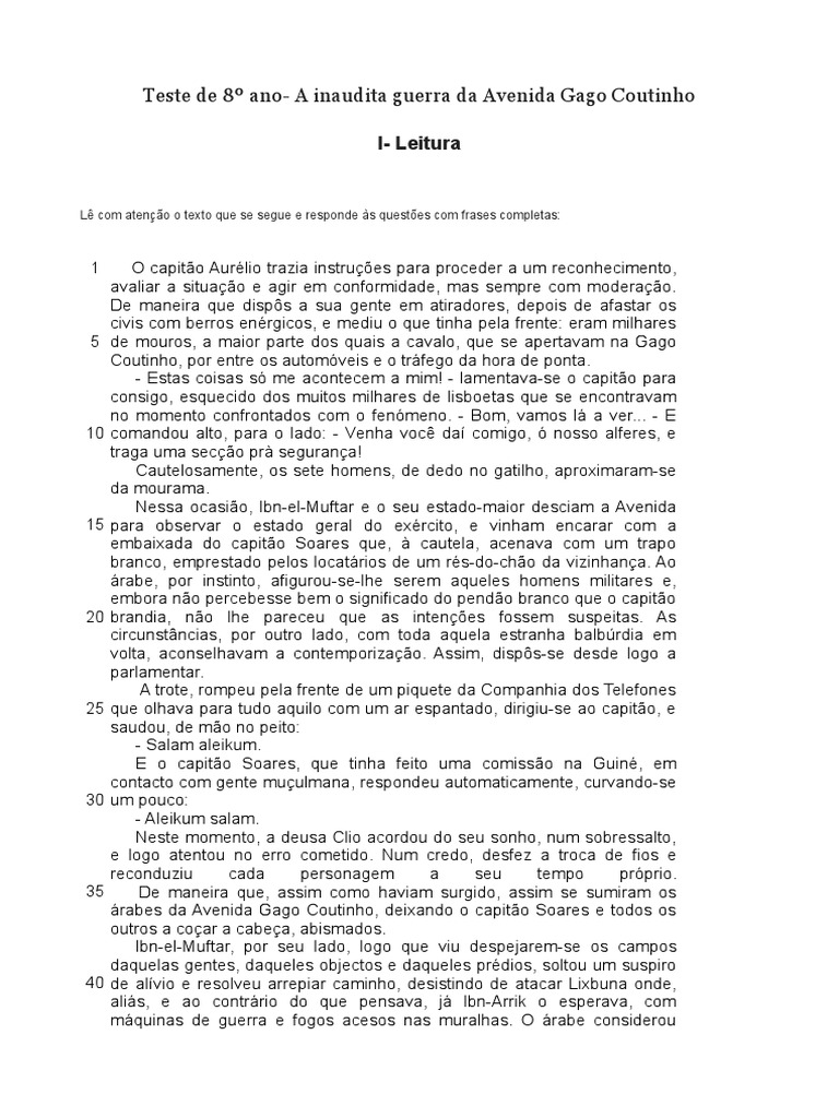 Teste Inaudita Guerra 8º Ano | PDF | Gramática | Linguística
