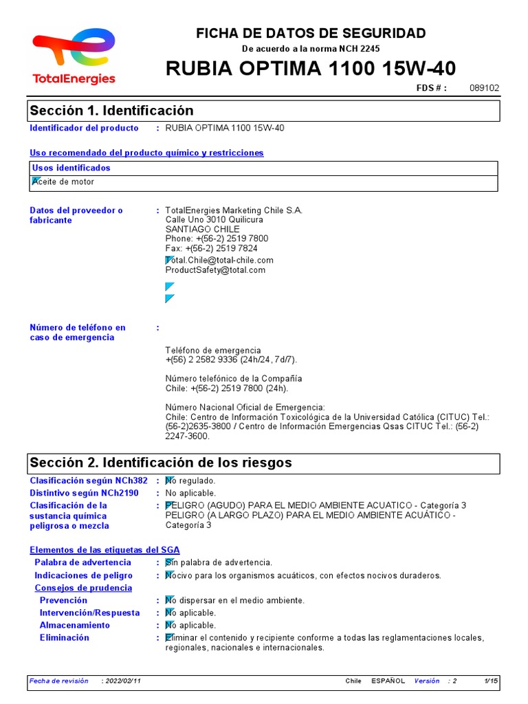 Rubia Optima 15w40 | PDF | Residuos | Agua