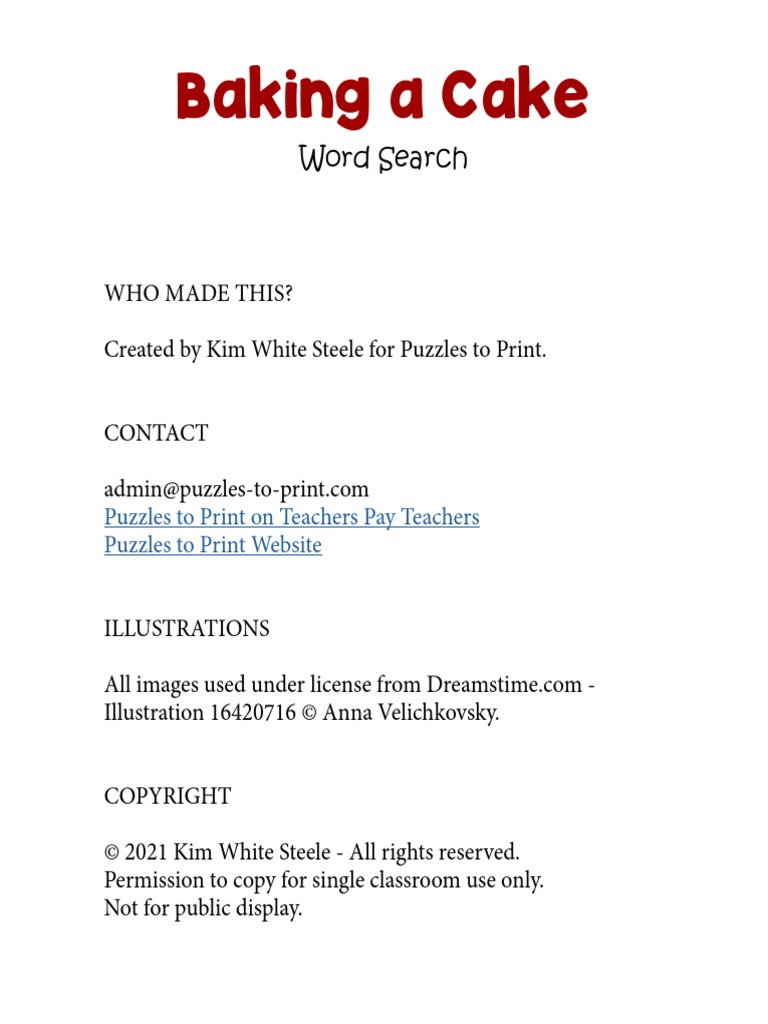 Baking A Cake Word Search | PDF | Cakes | Cooking