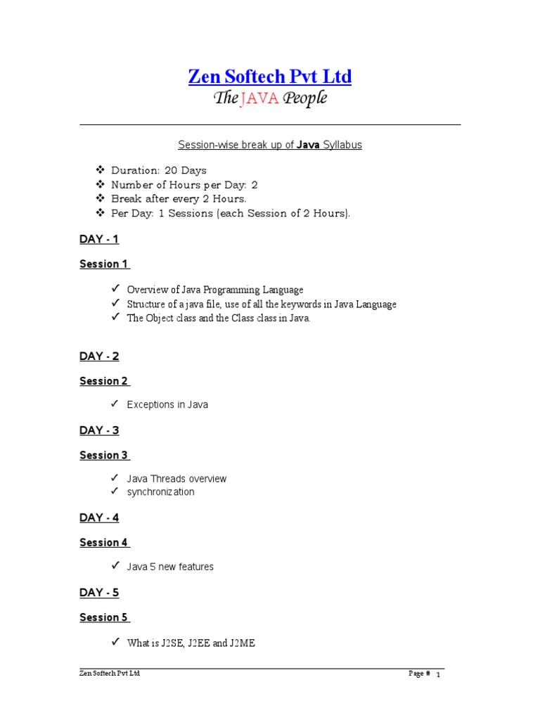 A Comprehensive 20 Day Java Training Syllabus Covering Core Java Concepts Servlets Jsp Struts