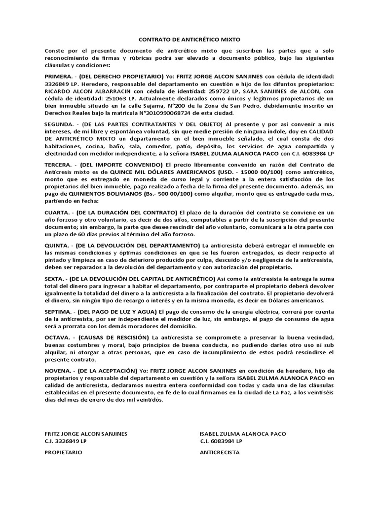 Contrato de Anticrético Mixto | PDF
