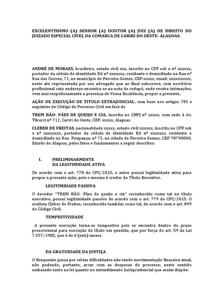 Modelo Acao de Execucao de Titulo Extrajudicial NCPC | PDF | Cheque ...