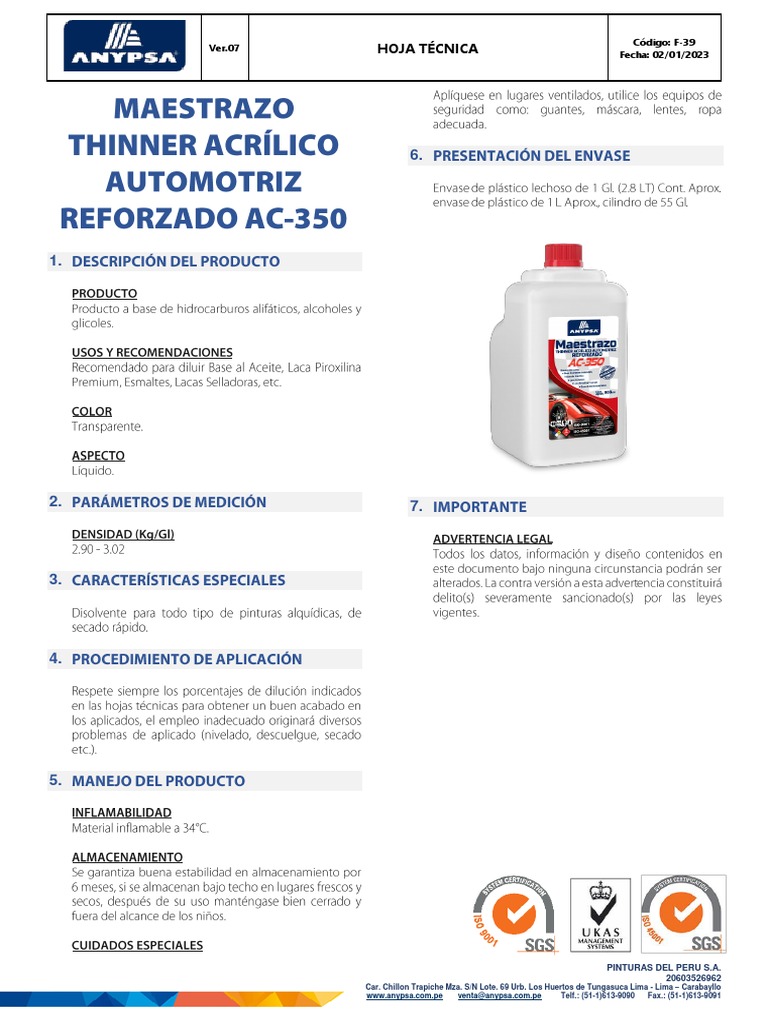 MAESTRAZO THINNER ACRÍLICO AUTOMOTRIZ REFORZADO AC - 350 2.8 LT | PDF