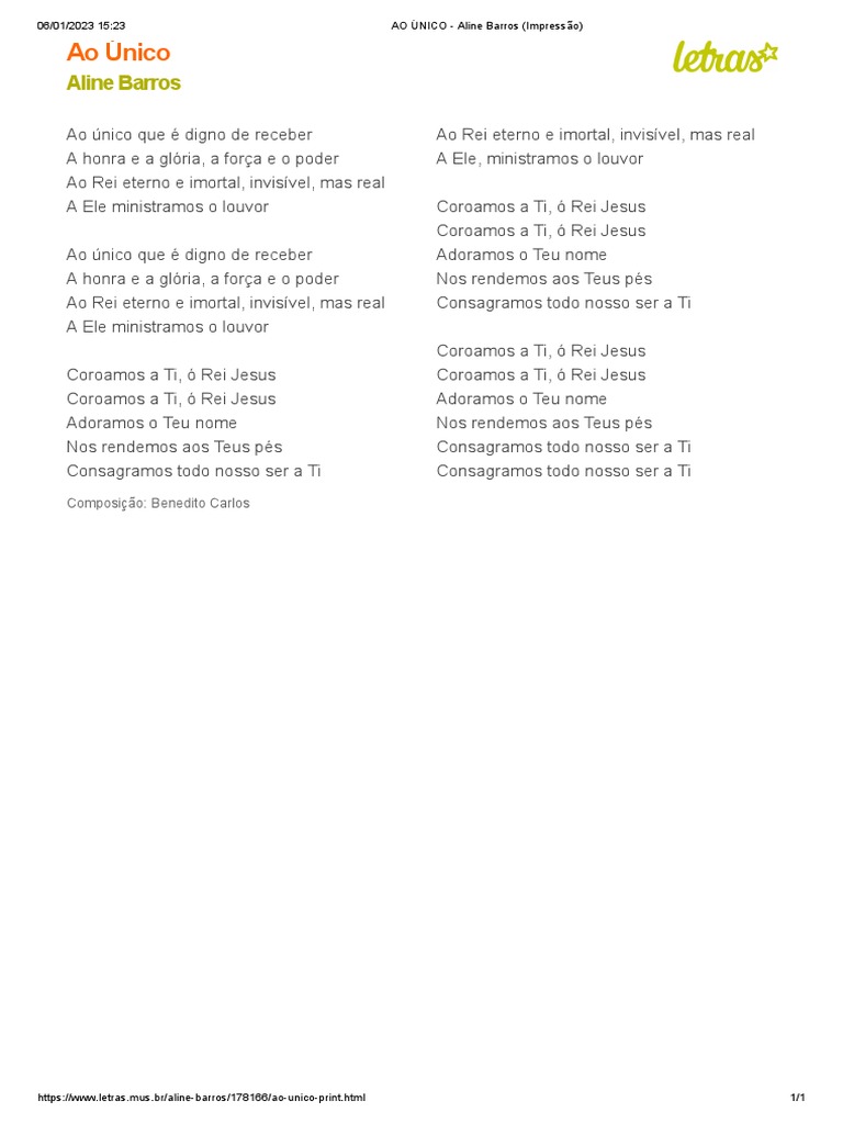Letra de "Ao Único" - Aline Barros | PDF