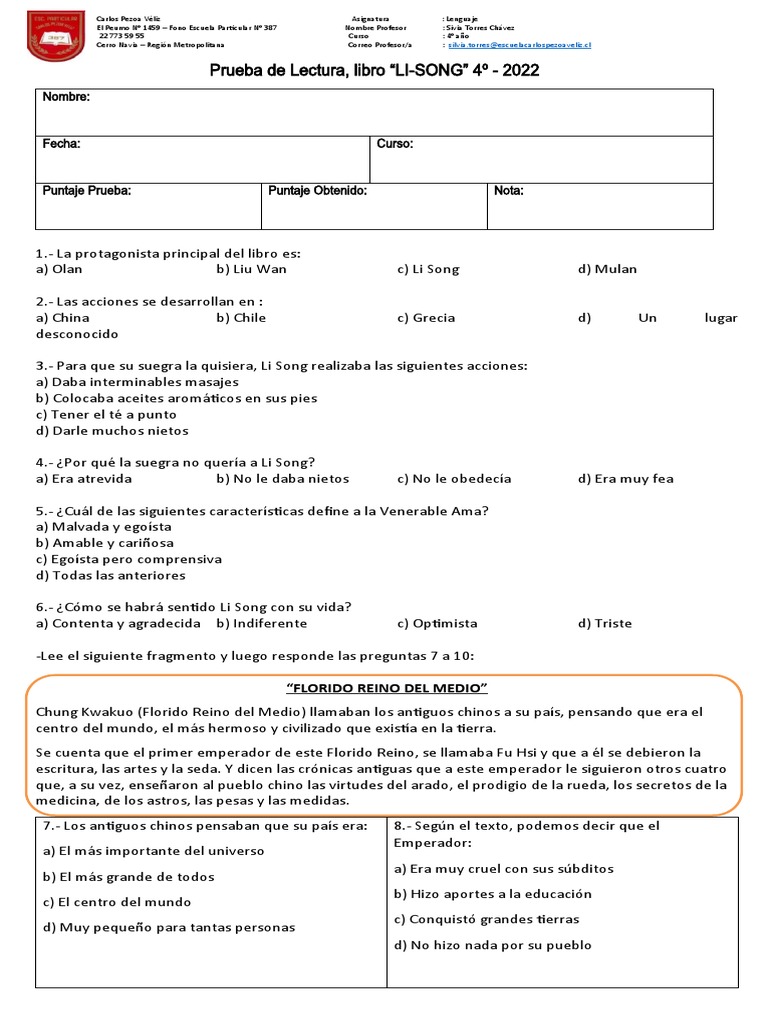 Prueba de Lectura, Libro "LI-SONG" 4º - 2022: Nombre | PDF