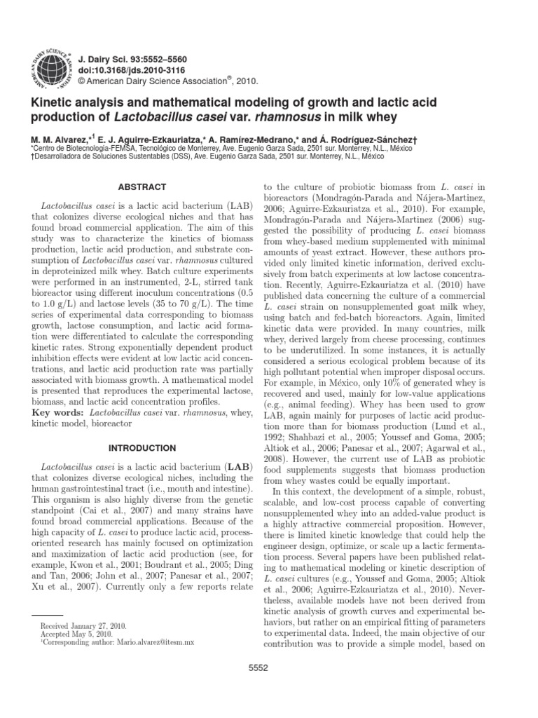 Alvarez Et Al 2010 Kinetic Analysis and Mathematical Modeling of Growth and Lactic Acid ...