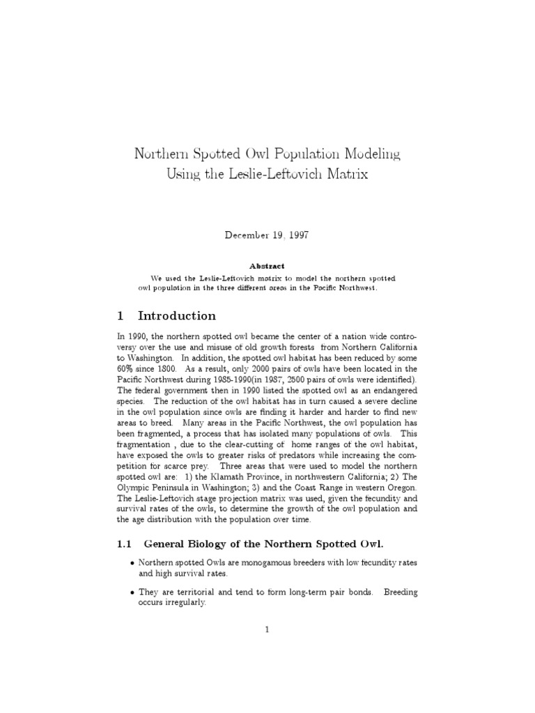 Northern Spotted Owl Population Modeling Using The Leslie Leftovich ...