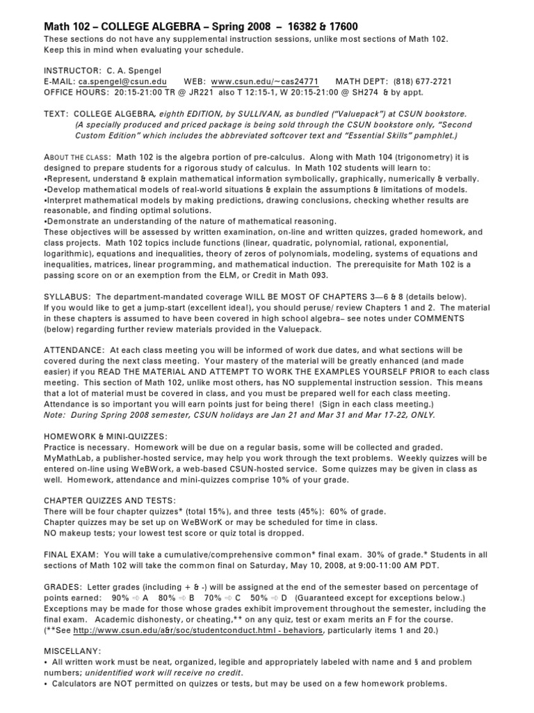 Math 102 - COLLEGE ALGEBRA - Spring 2008 - 16382 & 17600: Bouttheclass ...