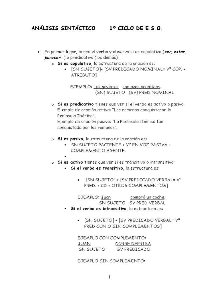 Análisis Sintáctico 1º Ciclo de E.S.O | PDF | Predicado (Gramática ...